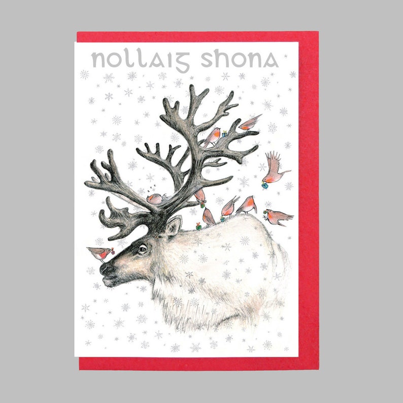 Nollaig Shona/Happy Christmas Reindeer with Robins Card - Artist Gift ...
